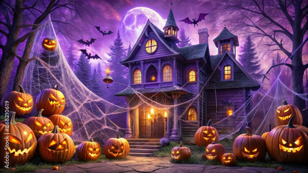 Spooky violet backdrop features eerie pumpkin heads surrounding a ...