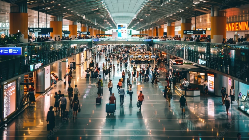A modern airport terminal filled with travelers, large windows, a ...