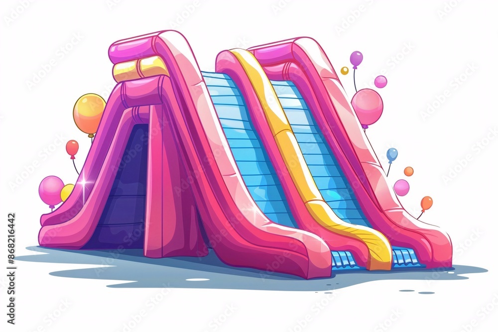 An inflated slide with a rectangular pool, trampoline, and chute ...