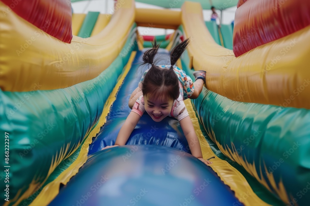 Little girl playing in bouncy castle Cute little girl playing in ...