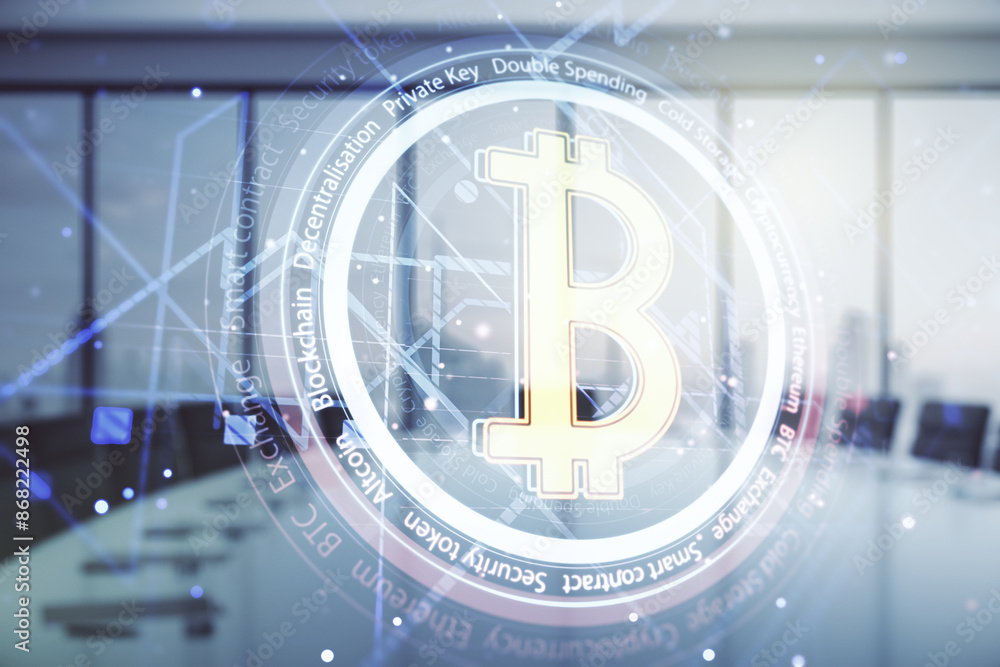 Virtual Bitcoin hologram on a modern conference room background ...