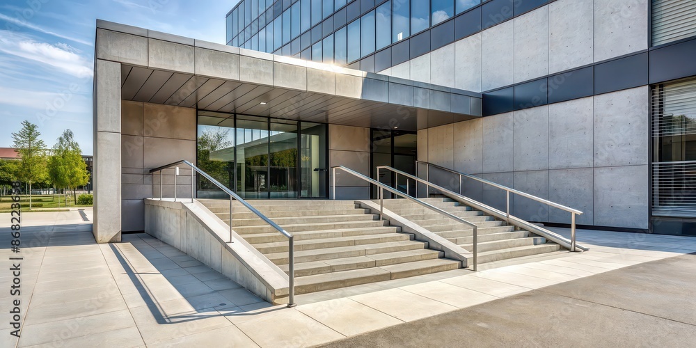 Modern building entrance with an exterior concrete ramp , modern ...