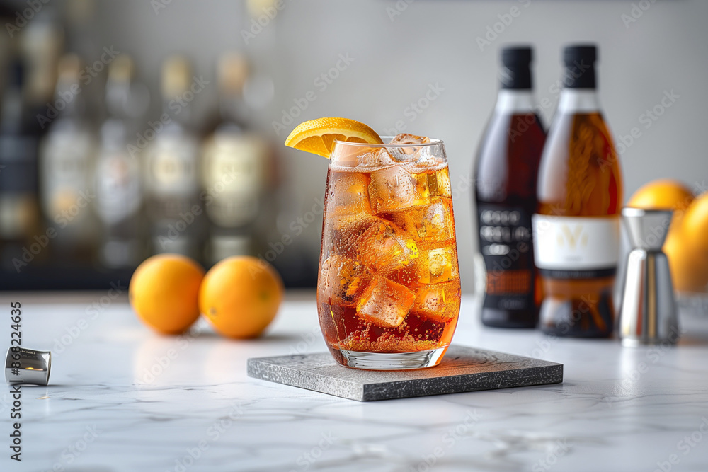 Aperol Spritz cocktail in a tall glass filled with ice cubes. The drink ...