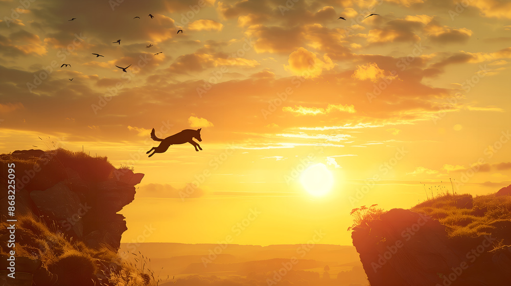 Dog(s) jumping over cliff on sunset background. Business concept idea ...