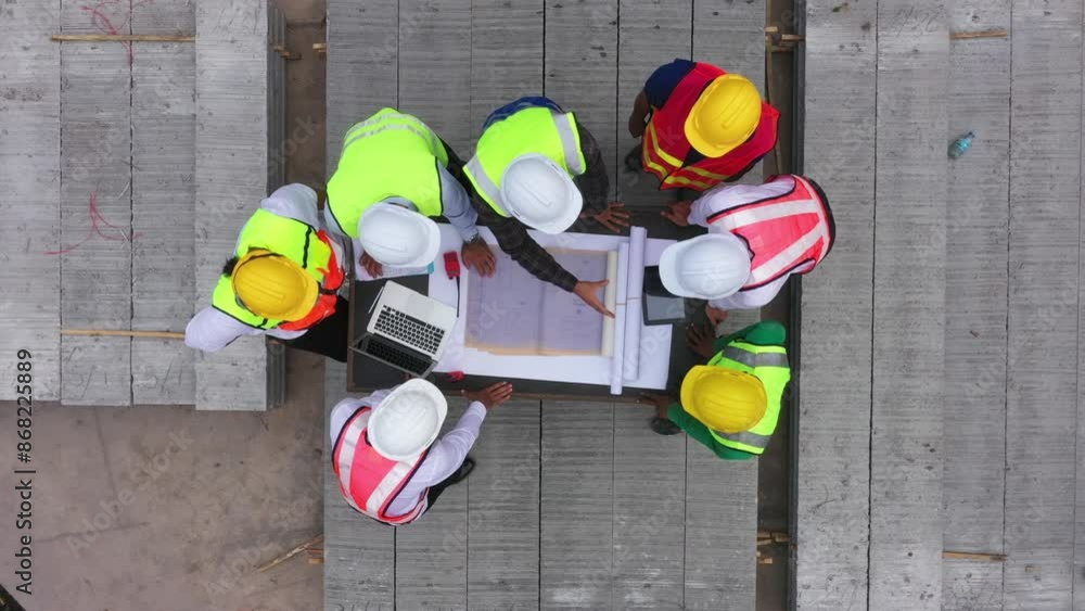 Top view of architectural engineering discussion at construction site ...