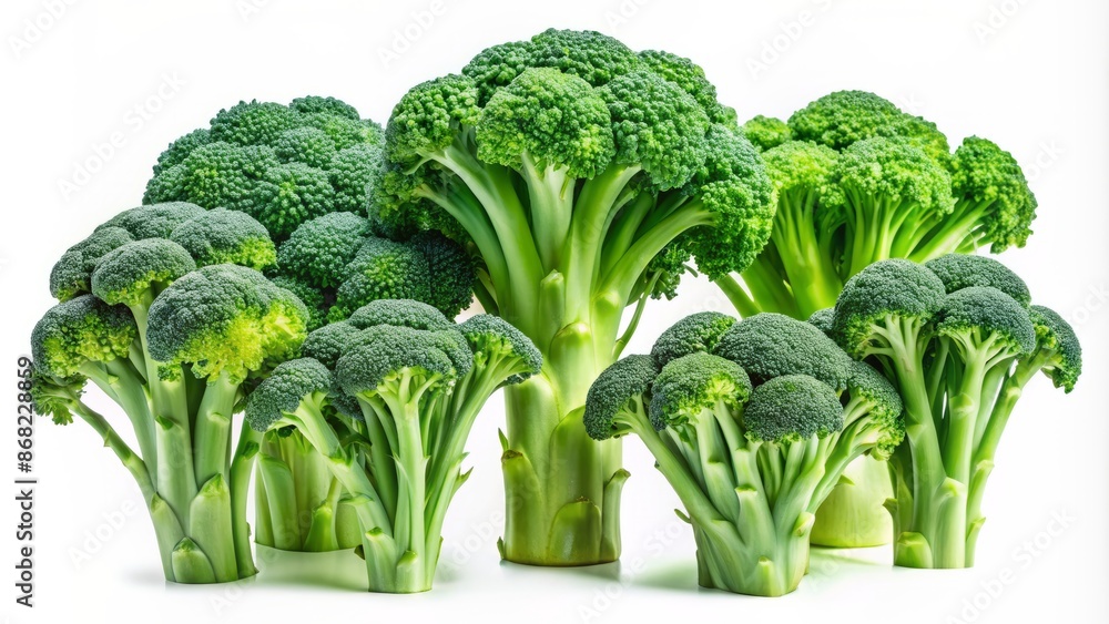 Vibrant green broccoli florets, crowns, and stems showcased from ...