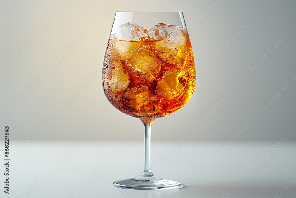 Aperol Spritz cocktail in a tall wine glass filled with ice cubes. The ...