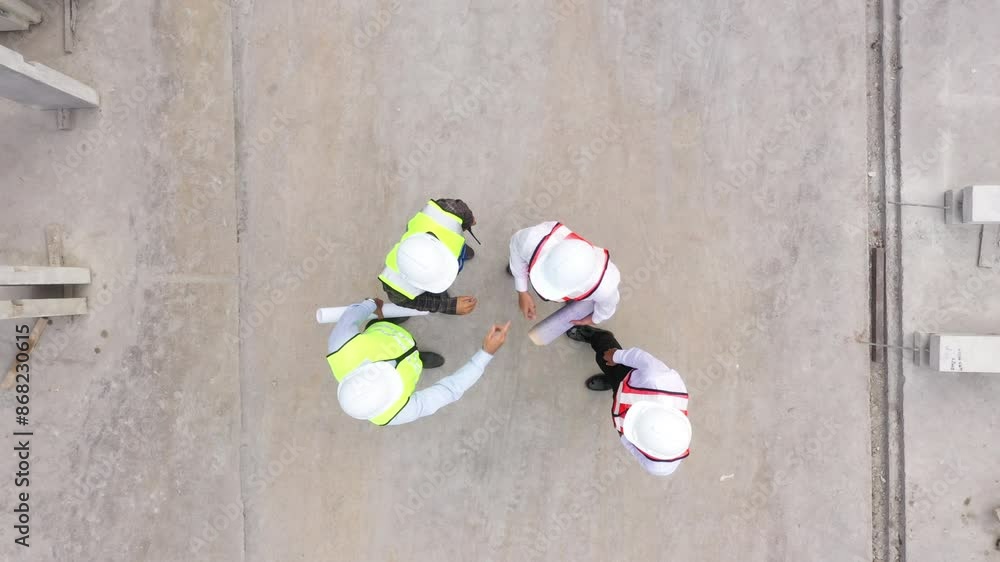 Top view of architectural engineering discussion at construction site ...