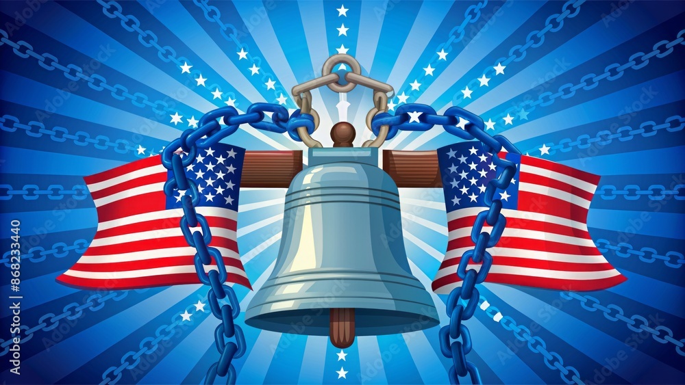 Vibrant vector illustration of broken shackles, liberty bell, and star ...