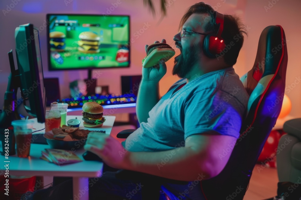 Gamer playing video games Overweight gamer playing video games, eating ...