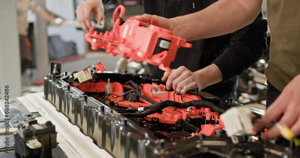 Two technicians are working on an electric car battery pack in a ...