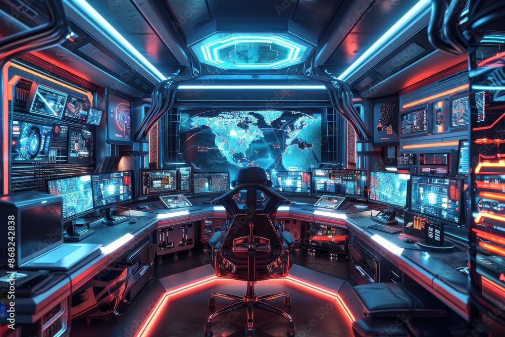 Futuristic command center with multiple monitors, glowing lights, and world map display for ...