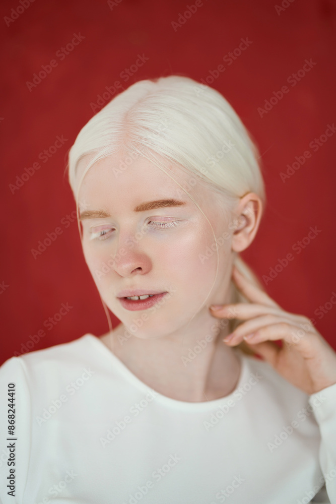 Vertical portrait of pretty albino teen girl, beautiful woman model in ...