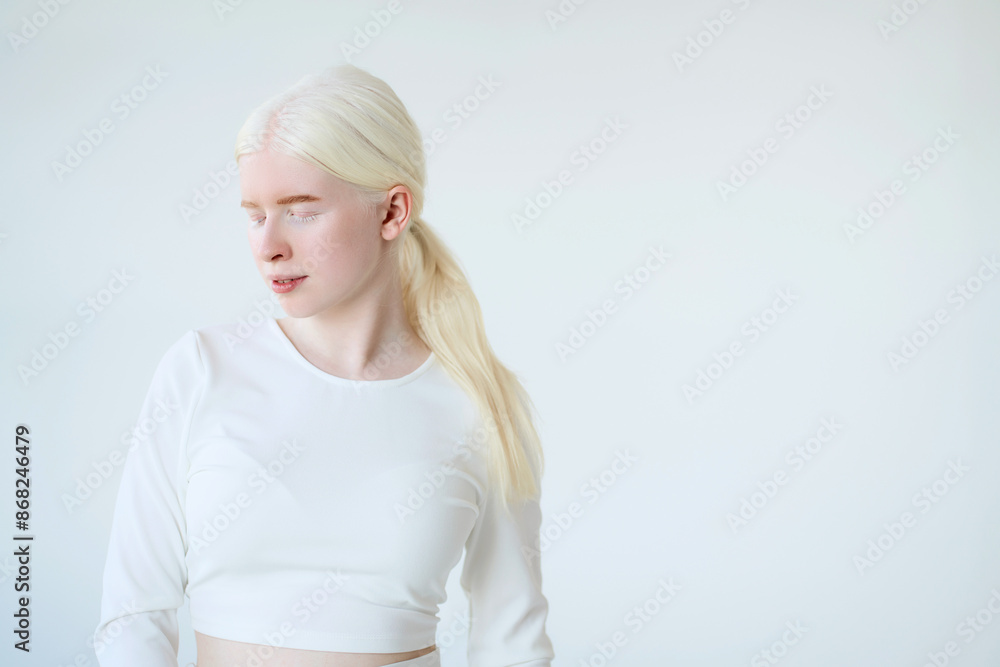 Pretty albino teen girl, beautiful unique woman model in white shirt ...
