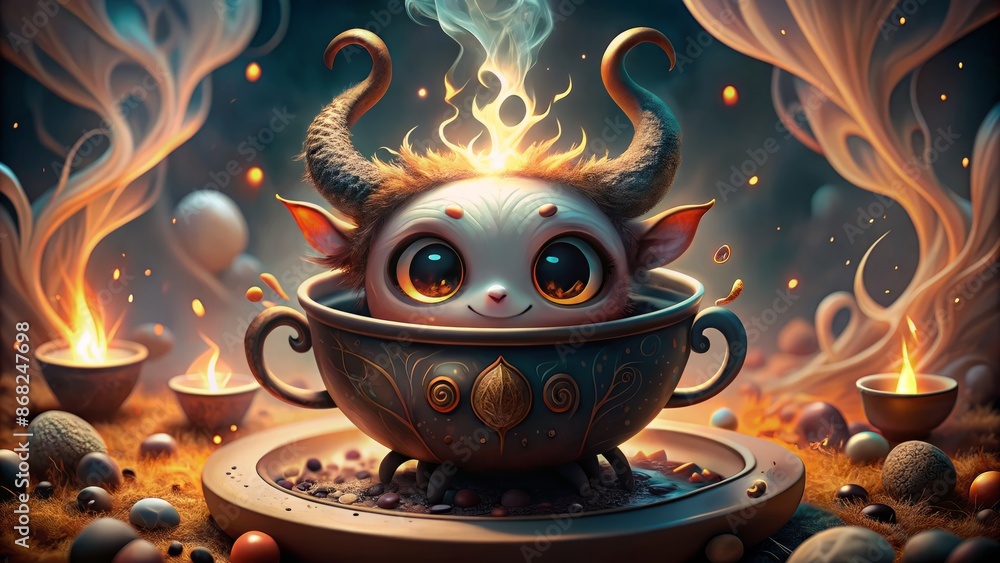 Adorable whimsical cauldron-brewing mug creature with horns and eyes ...