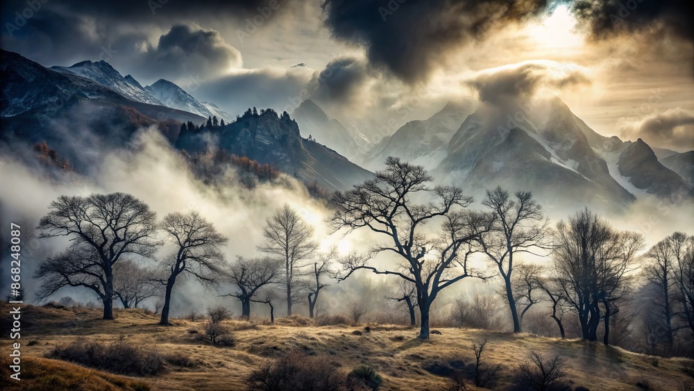 Moody mist-shrouded mountainscape with eerie fog, barren trees, and a ...