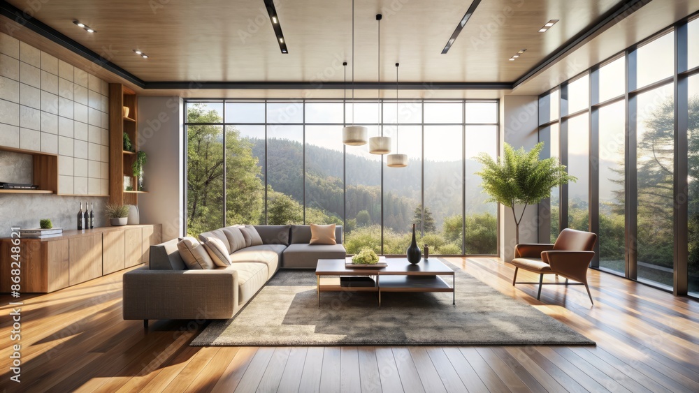 Minimally furnished modern interior room with sleek lines, sparse decor ...