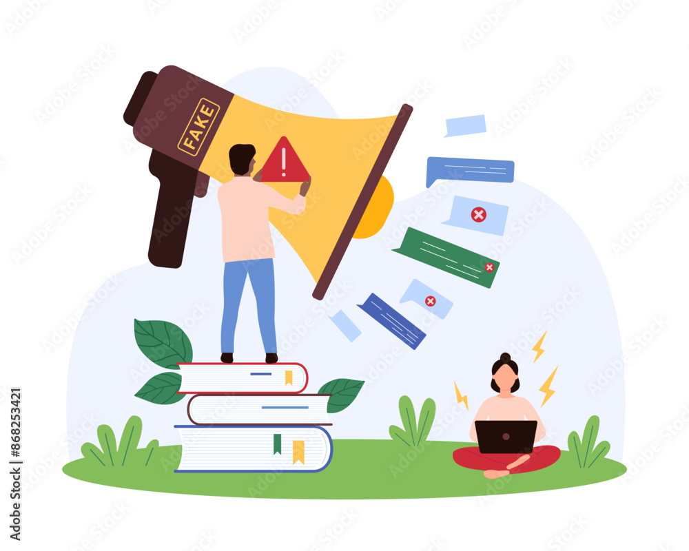 Misinformation with fake news, community disinformation in social media. Tiny man holding red ...