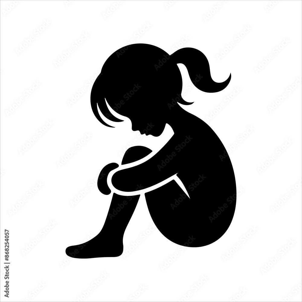 Sad girl child silhouette on white background. Sad child icon flat ...