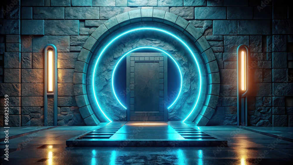 Circular orange glowing sci-fi door in center of square arch of alien ...