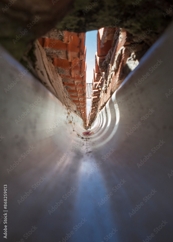 Interior of a PVC gutter at the confluence of a gable roof. Stock Photo ...