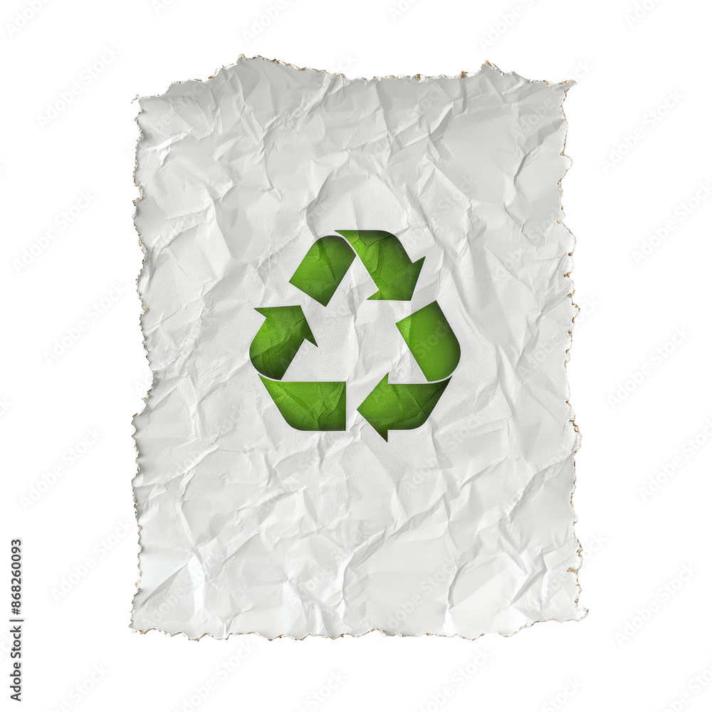 Crumpled paper with green recycle symbol on transparent background ...
