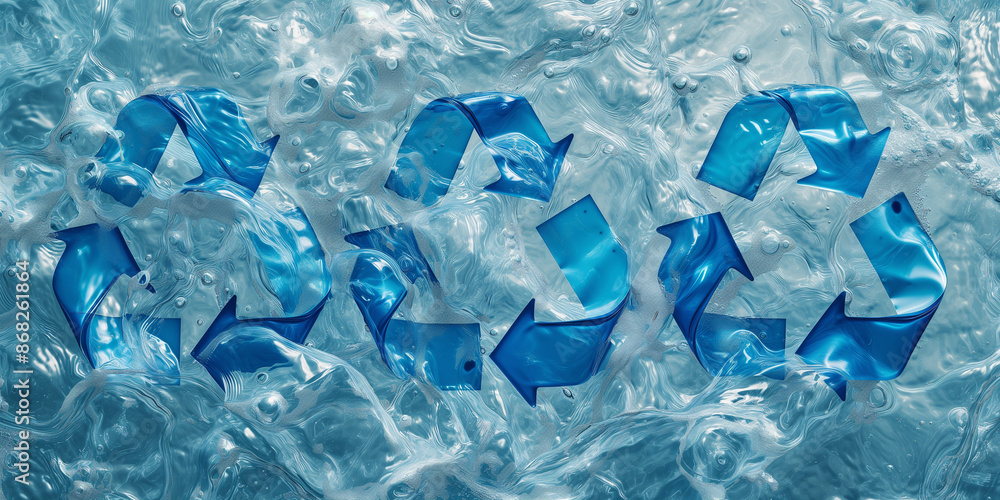 Water conservation concept with blue recycling symbols on rippling ...