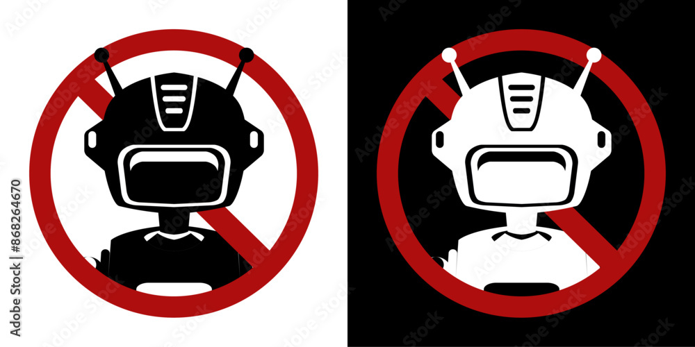 Set of vector monochrome silhouette robots in prohibition sign on white ...