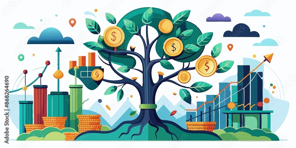 Surreal financial landscape majestic money tree bearing coins bills ...