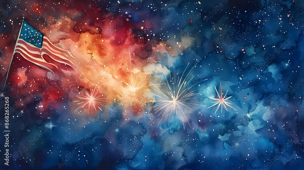 Fourth of July, fireworks display, American flag, side view, brightly ...