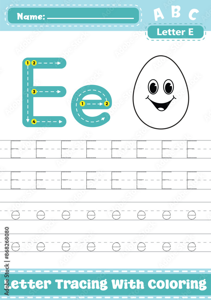 Letter E Uppercase Lowercase Tracing Worksheet with Coloring Apple ...