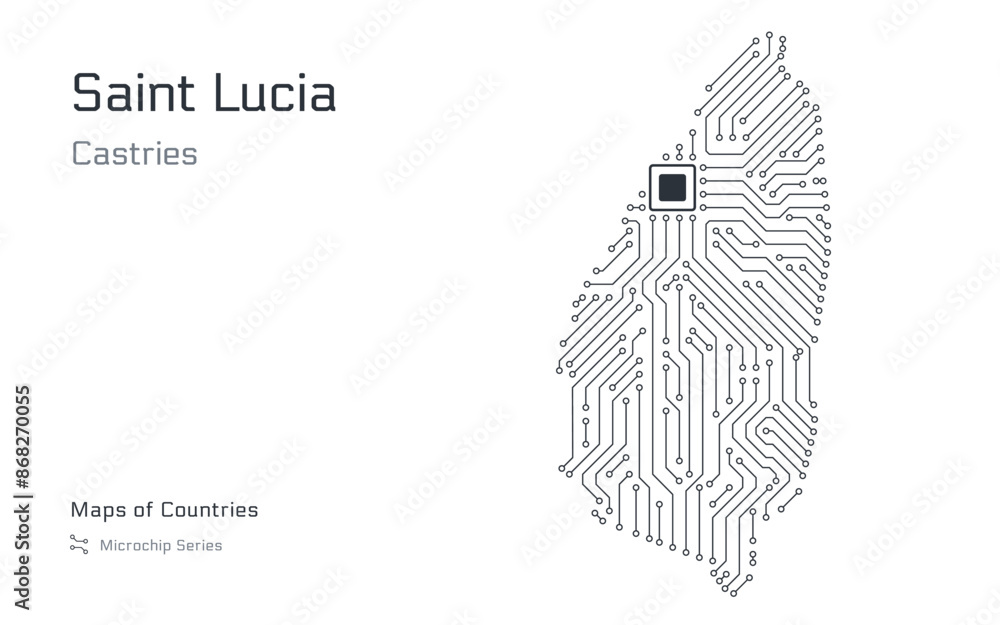 Saint Lucia Map with a capital of Castries Shown in a Microchip Pattern ...
