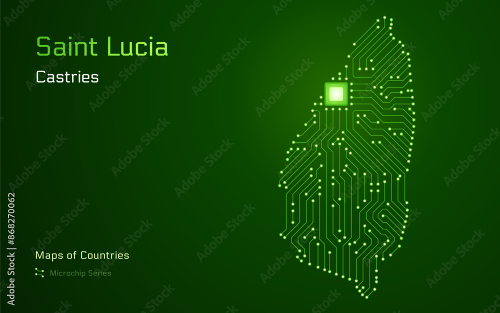 Saint Lucia Map with a capital of Castries Shown in a Microchip Pattern ...