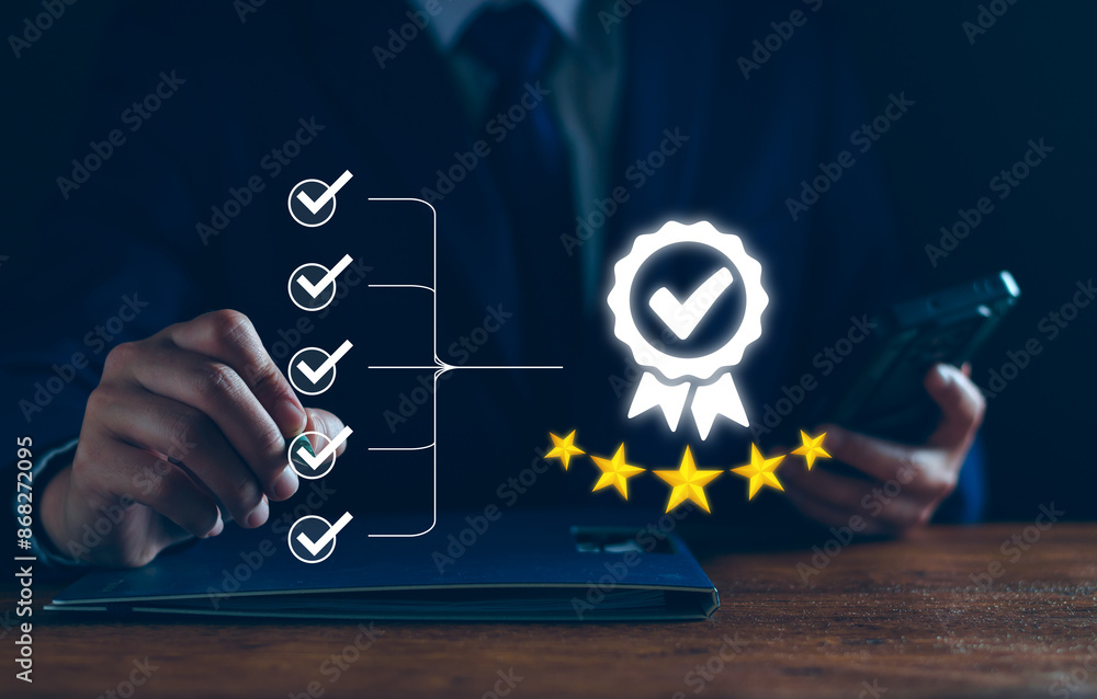 Quality control certificate concept. Businessman show high quality ...