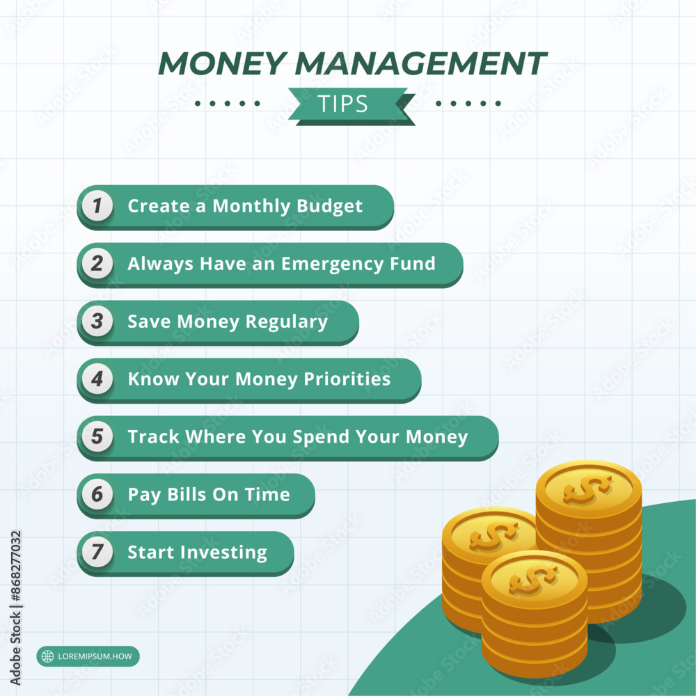 7 Steps Money Management Tips Infographic with Editable Text on a 1:1 ...