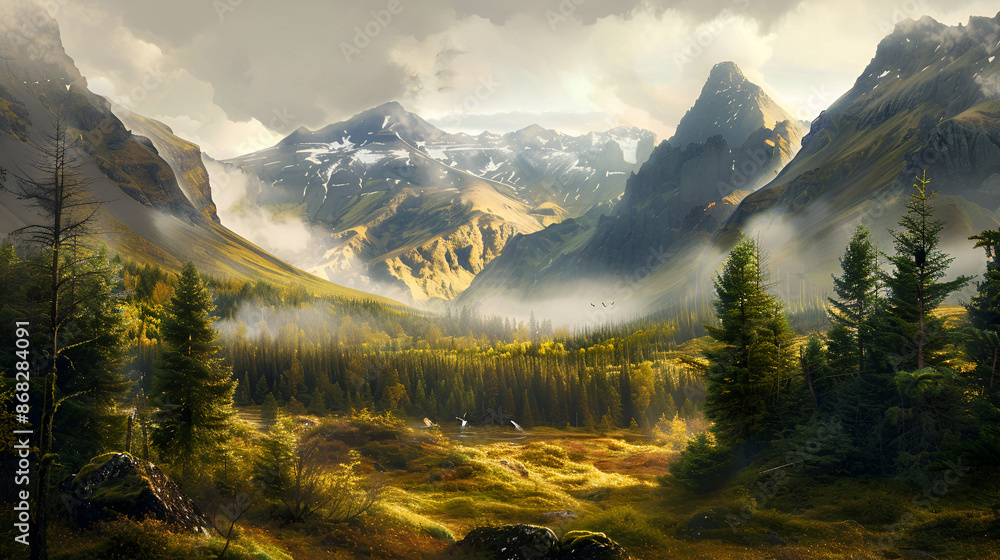 Fantasy landscape with mountains, lake and trees ,A majestic view of ...