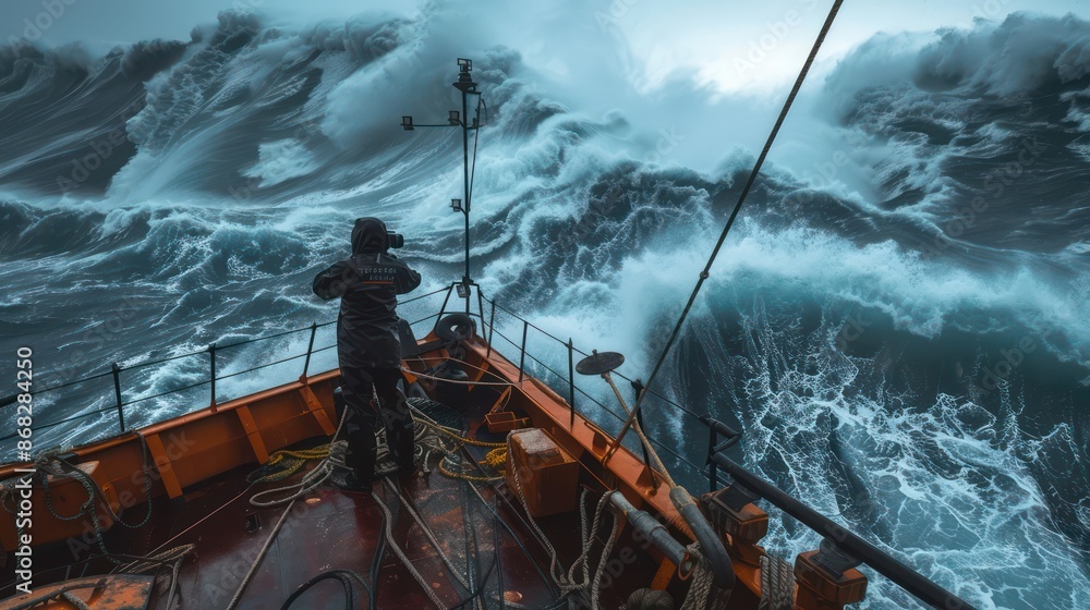 Strong crashing waves. Boat fights storm. Modern steel boat with wooden ...