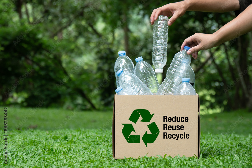 Volunteer hand holding plastic bottle into the paper box with Reduce ...