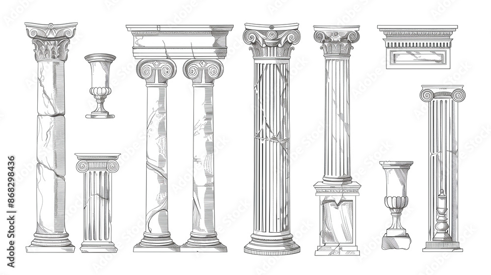 Ancient line columns collection. Antique doodle style roman ...