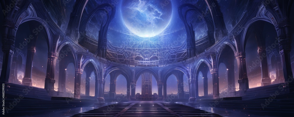 Majestic fantasy temple with arched columns and glowing celestial ...