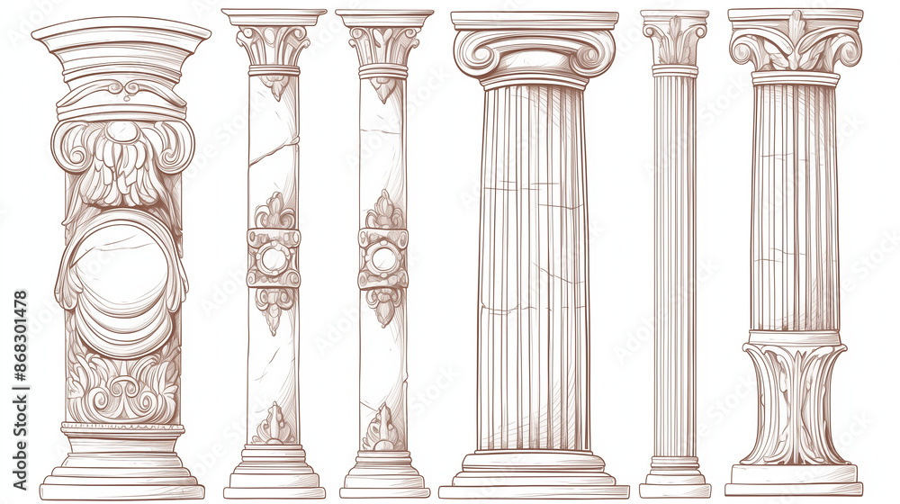 Ancient line columns collection. Antique doodle style roman ...