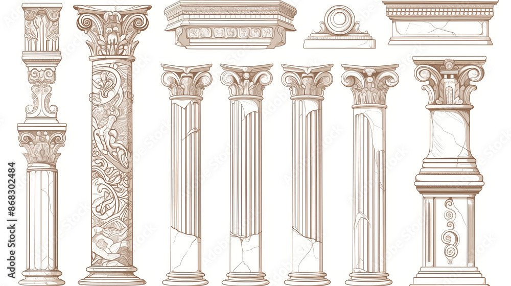 Ancient line columns collection. Antique doodle style roman ...