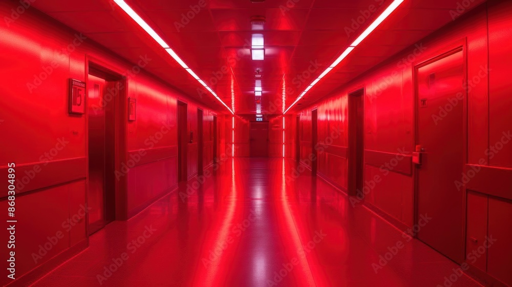 Emergency lights activated in a commercial building hallway, bright red ...