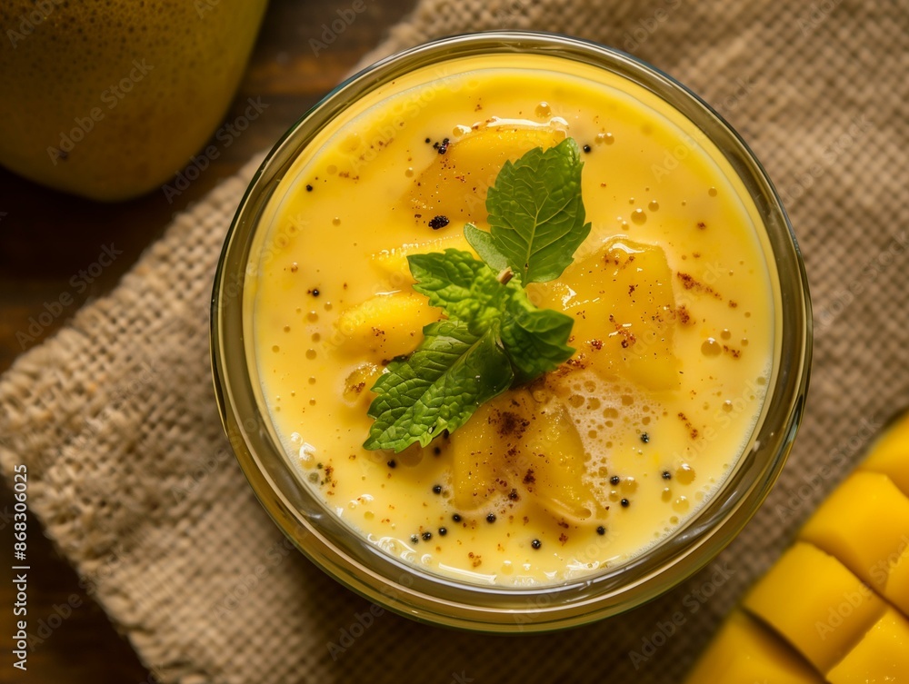 Mango Lassi in a Glass, Garnished with Fresh Mint Leaves, Placed on a ...