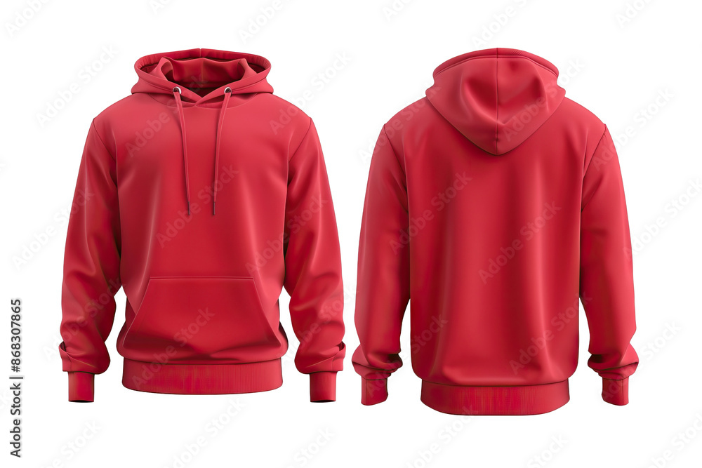 Front and back views of a red hoodie with a hood and drawstrings ...