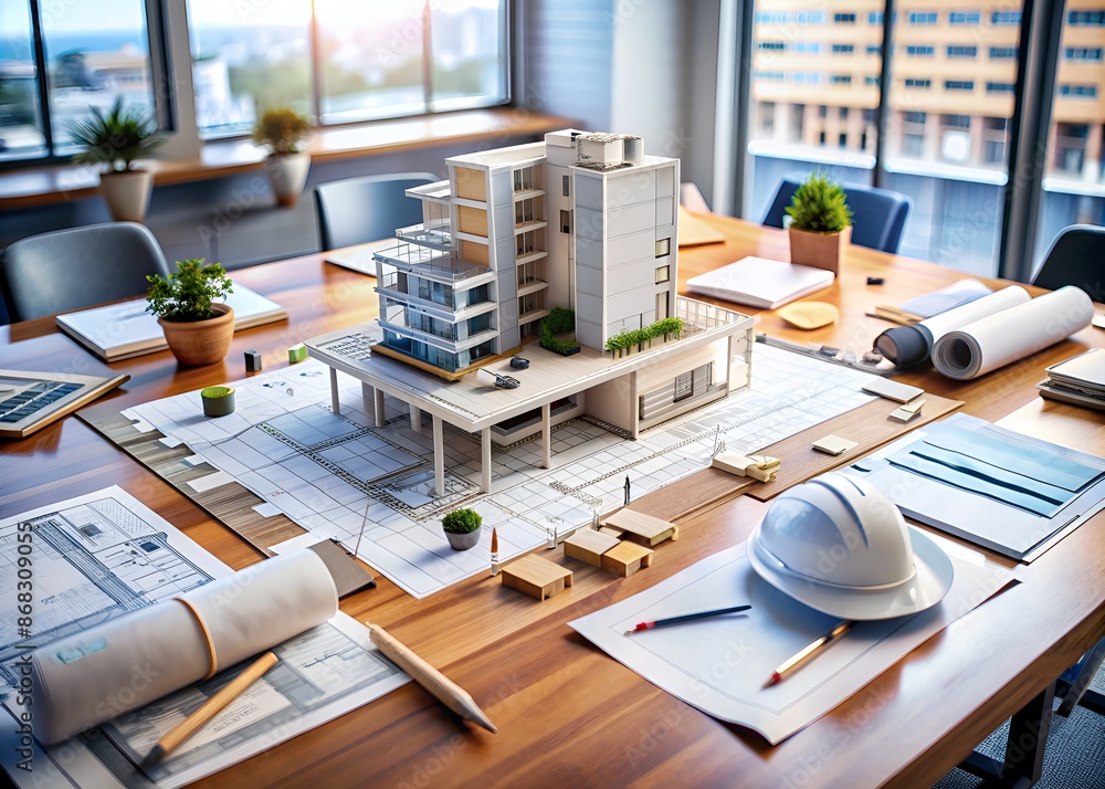 A cluttered conference table scattered with blueprints, architectural ...