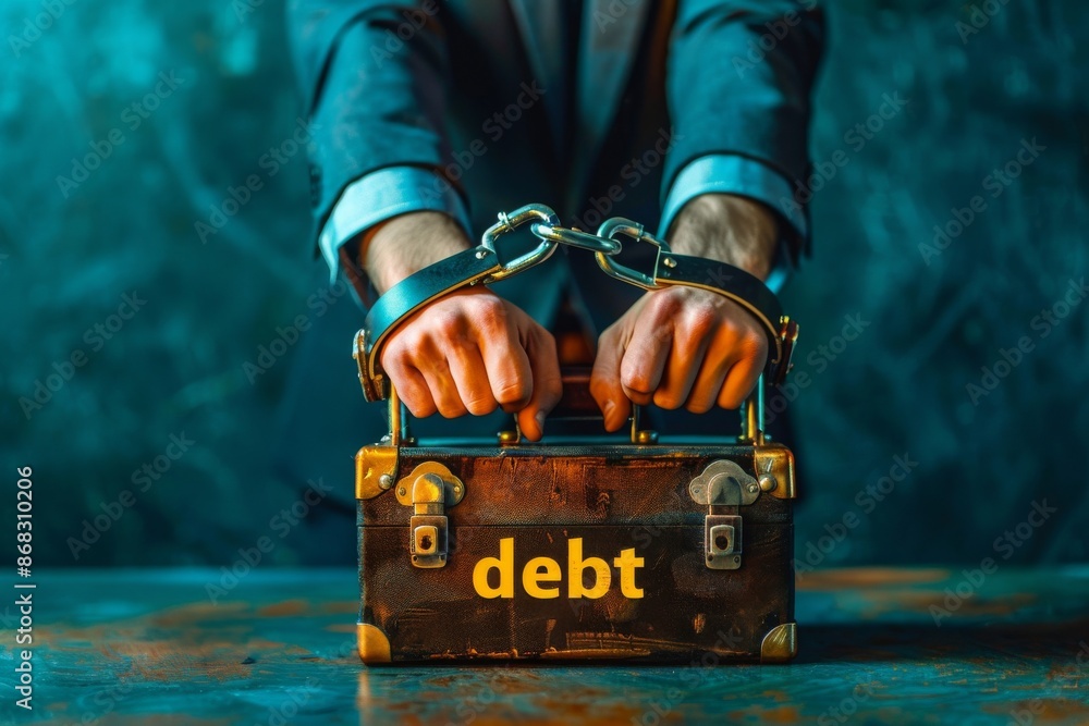 Man handcuffed to a briefcase labeled 'debt', symbolizing financial ...
