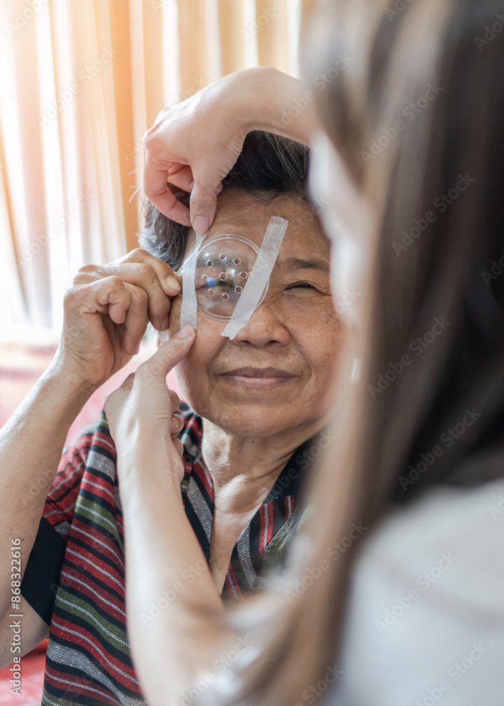 Cataract elderly patient, Asian old senior woman having eye care ...