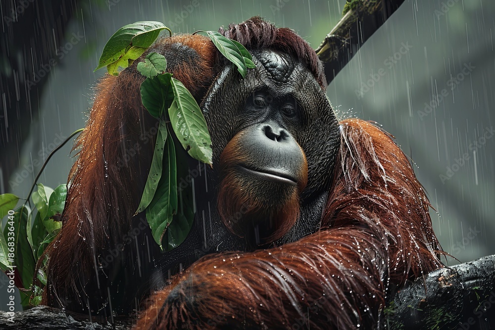 Orangutan sheltering from the rain in the rainforest. Concepts of ...