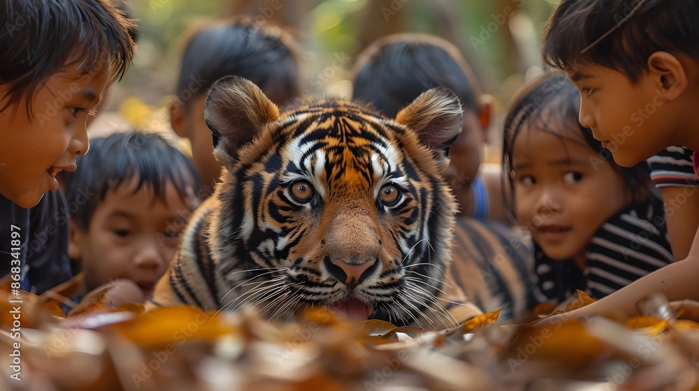 school children around a wild tiger. an educational program about ...